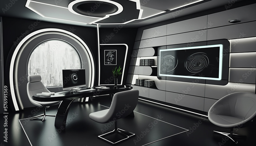 Futuristic Office Room, A minimalist office space with sleek and glossy ...