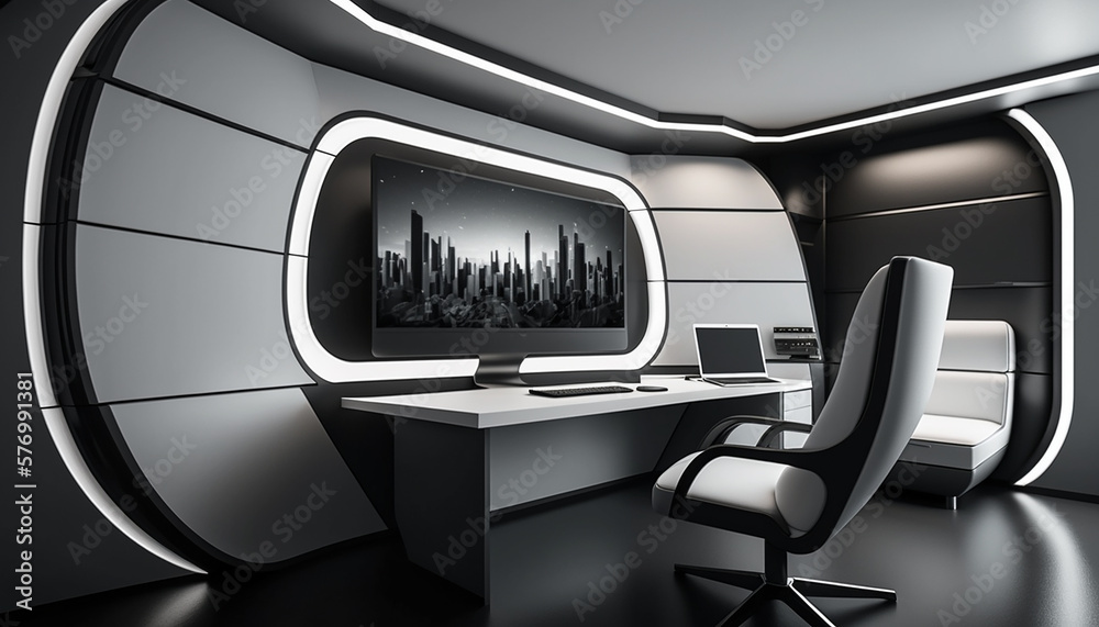 Futuristic Office Room, A minimalist office space with sleek and glossy ...