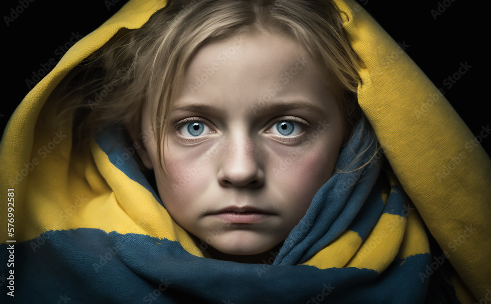 Portrait of a Girl draped in the Ukrainian flag and colors. Looking sad ...