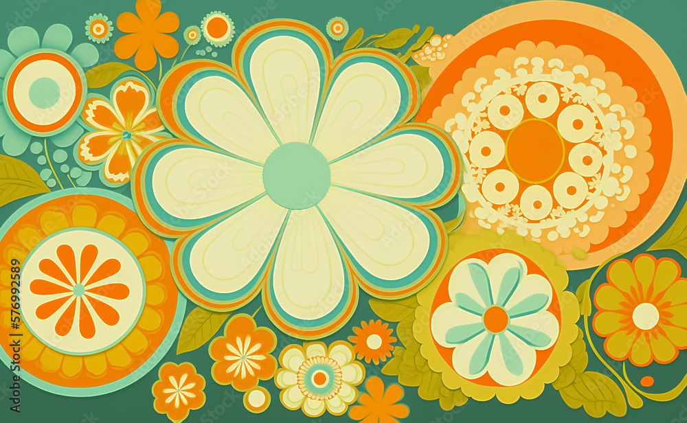 Colorful ‘70s Retro Style poster art with flowers, and psychedelic wavy ...