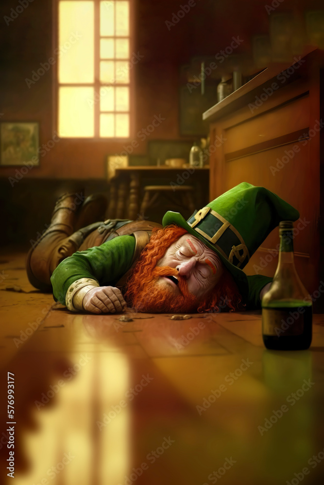 AI illustration of a drunk Irish leprechaun laying unconscious on the ...
