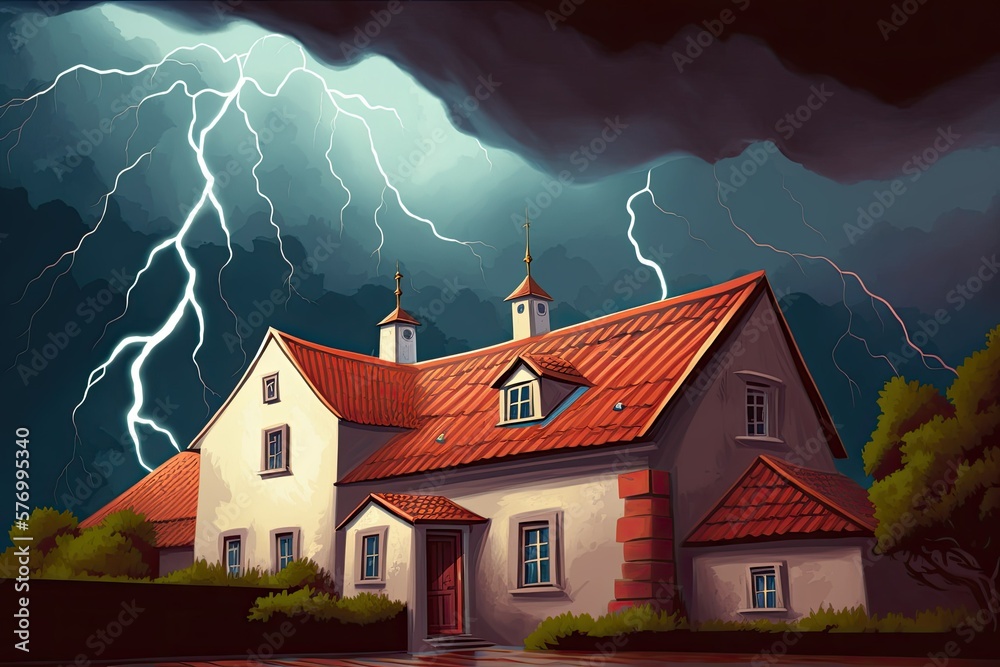 Lightning striking a red tile roof near the chimney. Over a town with ...