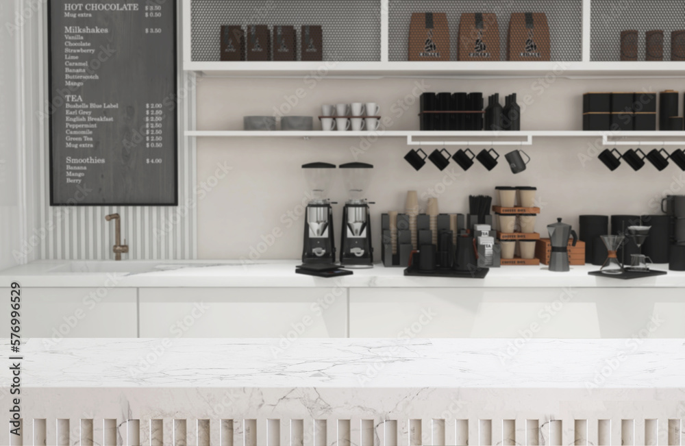Blank white marble counter in modern, luxury design cafe with cabinet ...