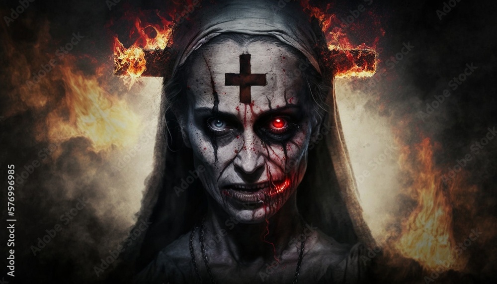 Illustrazione Stock Nun possessed by the devil, the mark of the ...