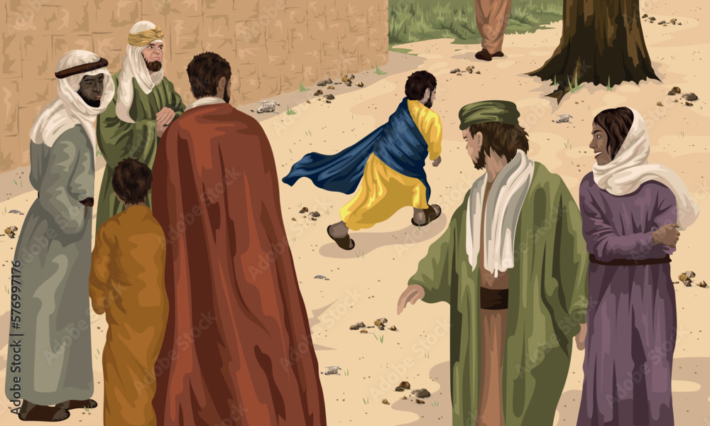 Zacchaeus running ahead to the sycamore fig tree. Biblical illustration ...