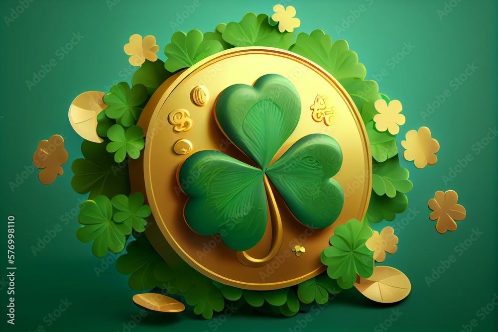 lucky clover with golden coins around, cartoon style AI Generated Stock ...