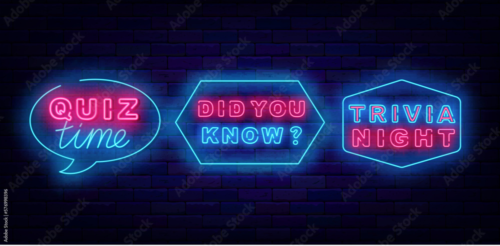 Quiz time neon signs colletion. Trivia night label. Did you know ...