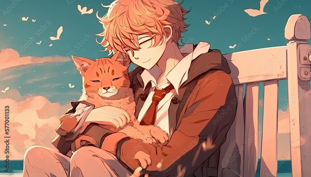 cartoon illustration style of a boy, cat owner hugging his cat ...