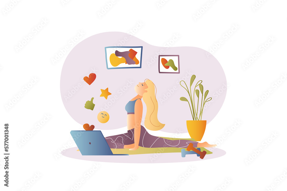 Fitness concept with people scene in the flat cartoon style. Blogger ...