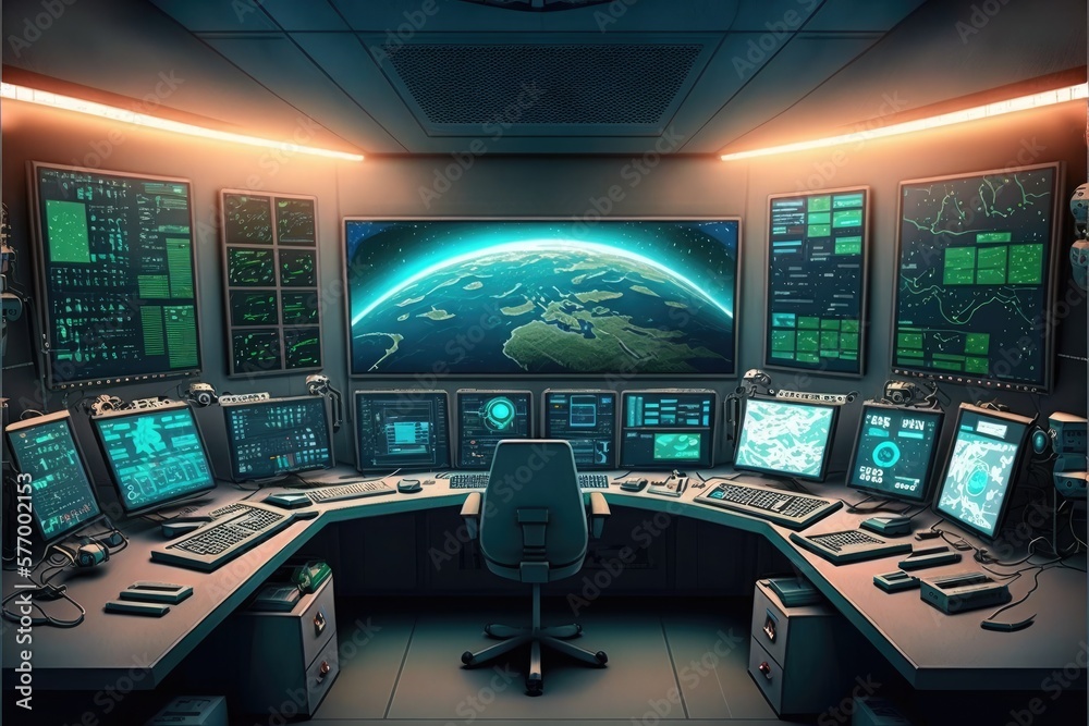 Entrovinment of a huge futuristic empty control room with monitors ...