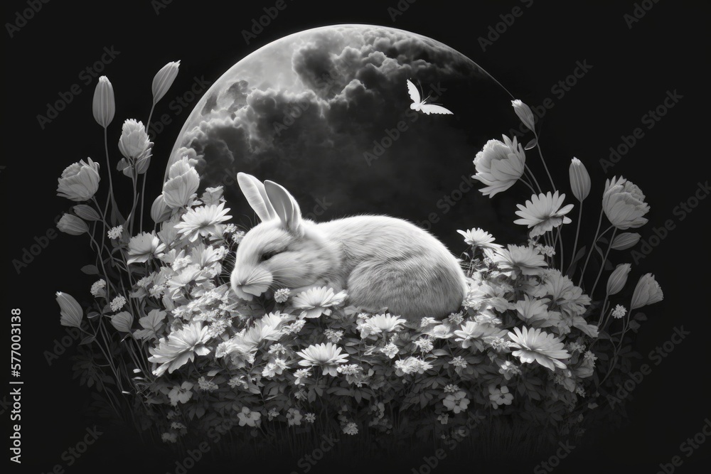 Adorable bunny rabbit animation dozing off amid the clouds on the moon ...