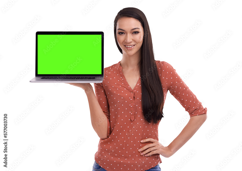A young Asian sales girl with a personal green screen computer or ...