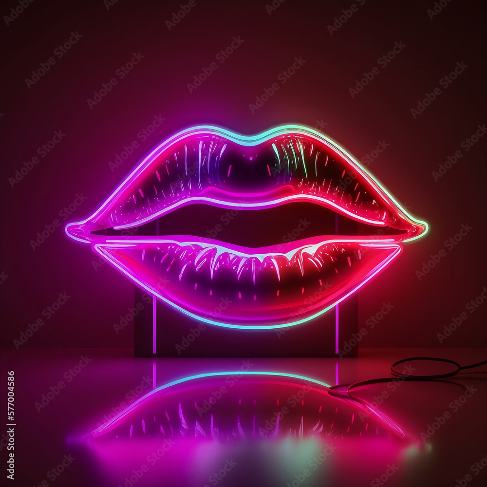 Neon lips with backlight on the dark background, Glossy lips, concept ...
