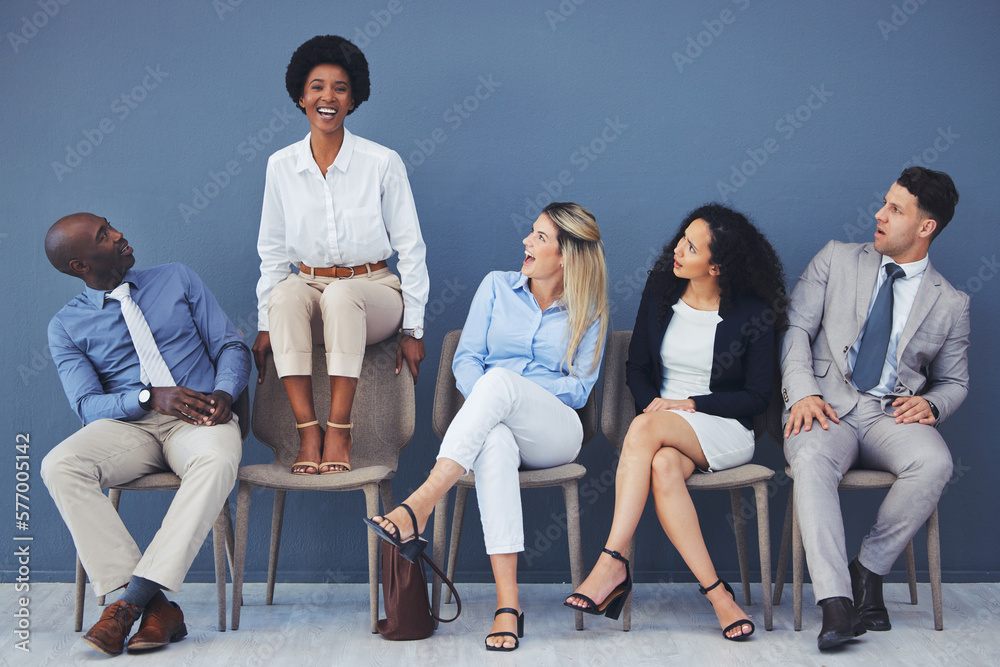 Business people, hiring and waiting room of woman standing out against ...