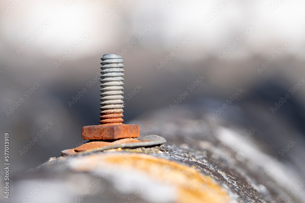 rusty nut. Rusty iron rod with screw threads. Rusted mechanical ...