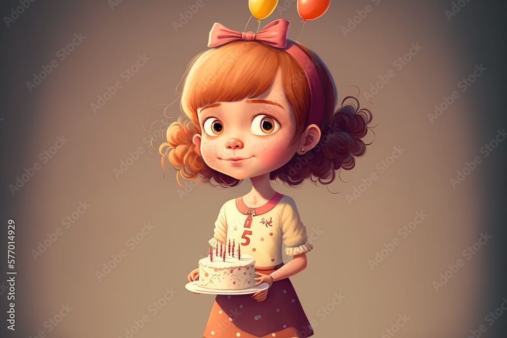 Cartoon female character birthday greeting card with cute design ...
