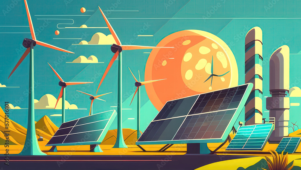 Solar panels, house and wind turbines that use green energy. Flat style ...