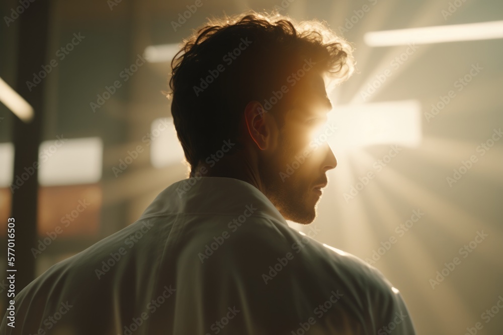 A man standing in a room with the sun shining through his hair and his ...