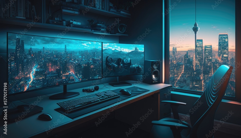 A computer desk with two monitors and a keyboard in front of a window ...