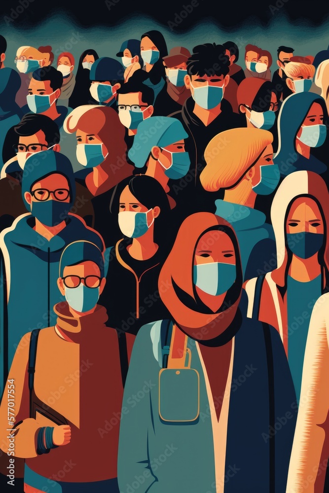 A crowd of people wearing masks and standing in a crowd of people ...