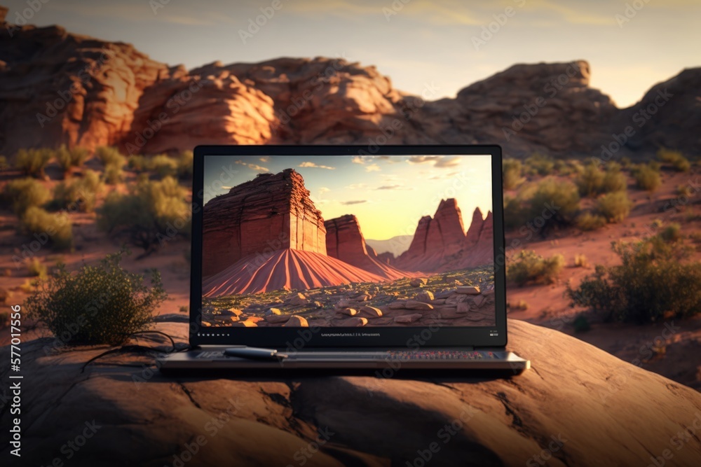 A laptop computer sitting on top of a rock covered field of grass and ...