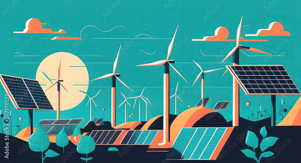 Solar panels, house and wind turbines that use green energy. Flat style ...