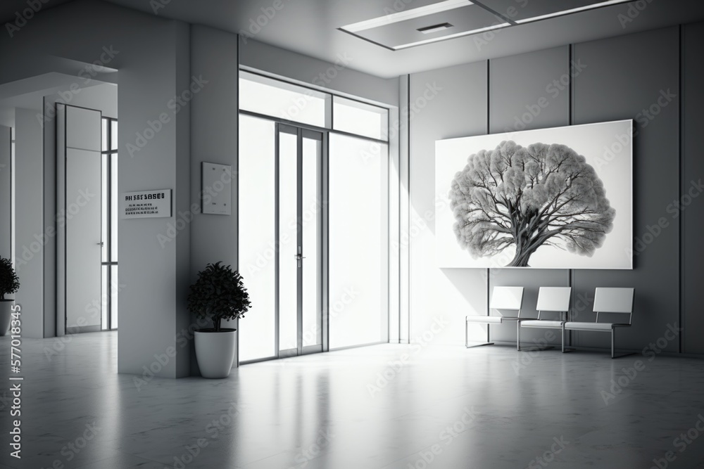 A large picture hanging on the wall of a room with chairs and a plant ...