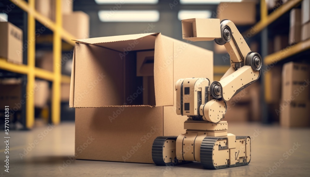 A robot is moving around a cardboard box in a warehouse with boxes on ...