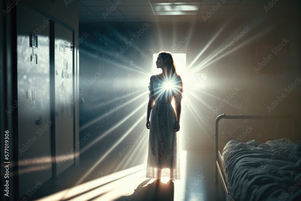 A woman standing in a dark room with a light shining through her eyes ...