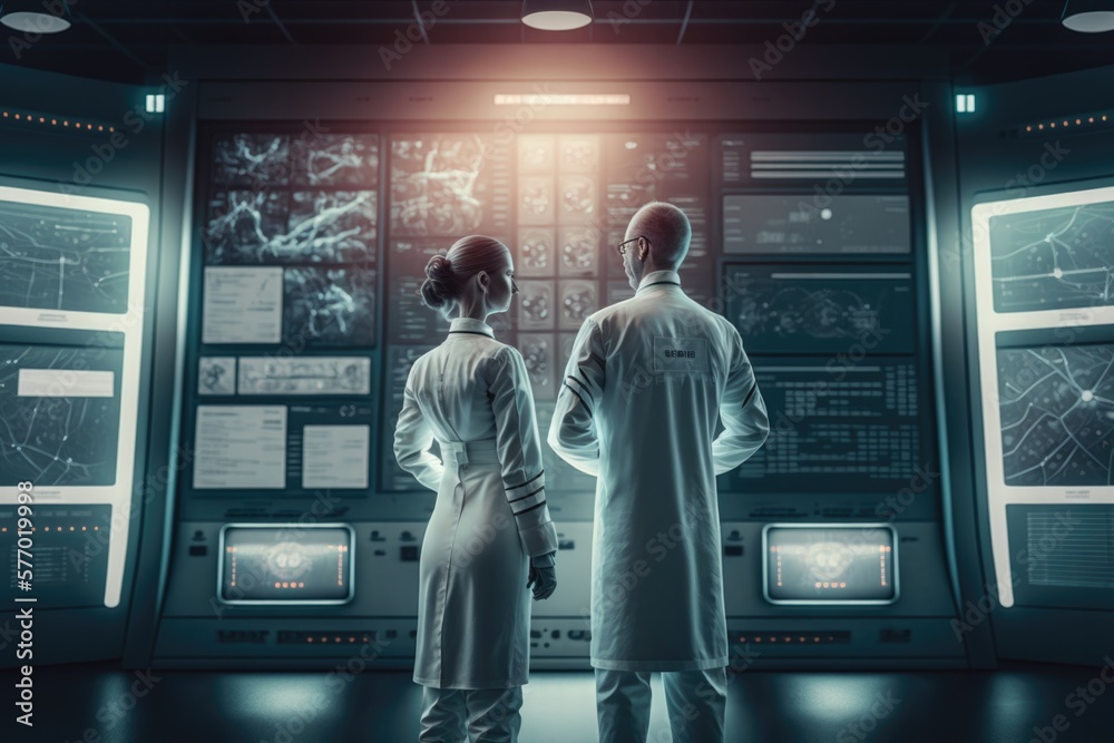 Two people in white lab coats standing in front of a large display of ...