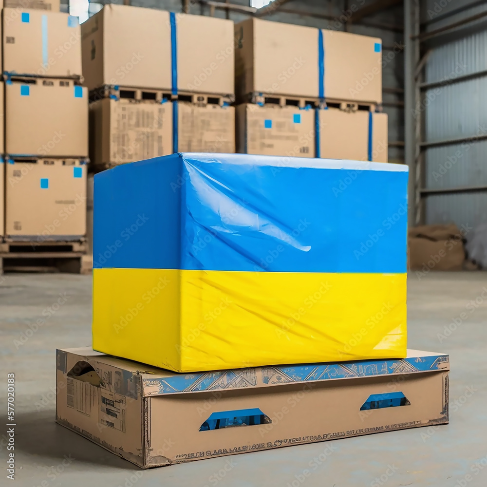 Box, parcel in the colors of the Ukrainian flag, close-up. In the ...