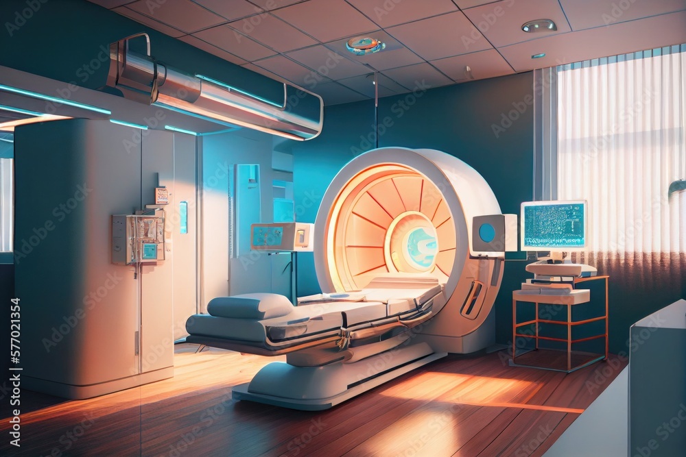 A hospital room with a bed and a monitor on the wall and a light in the ...