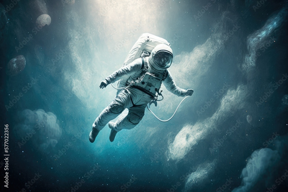 A man in a space suit floating in the water with a rope attached to his ...