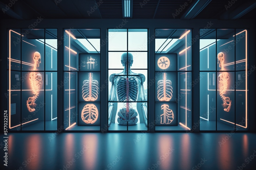 A skeleton in a room with a lot of glowing lights on the walls and a ...