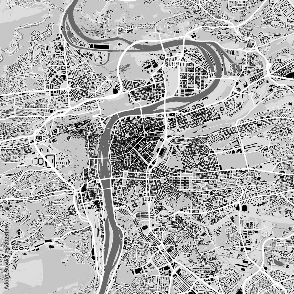Urban city map of Prague. Vector poster. Black grayscale black and ...