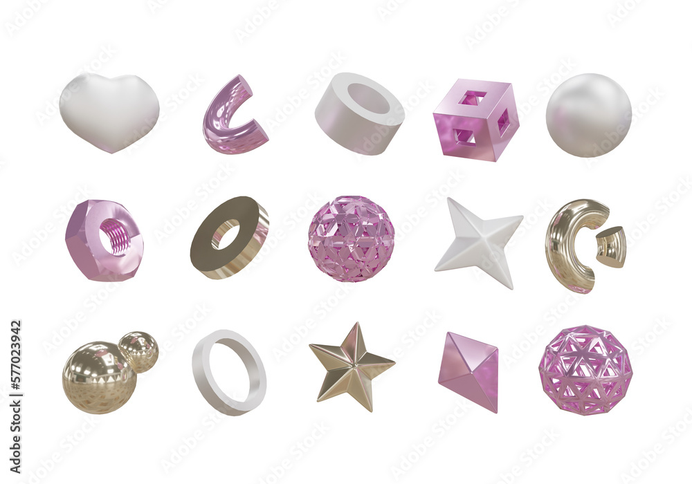 Realistic detailed 3D render primitives geometry elements set on transparent background. PNG ...