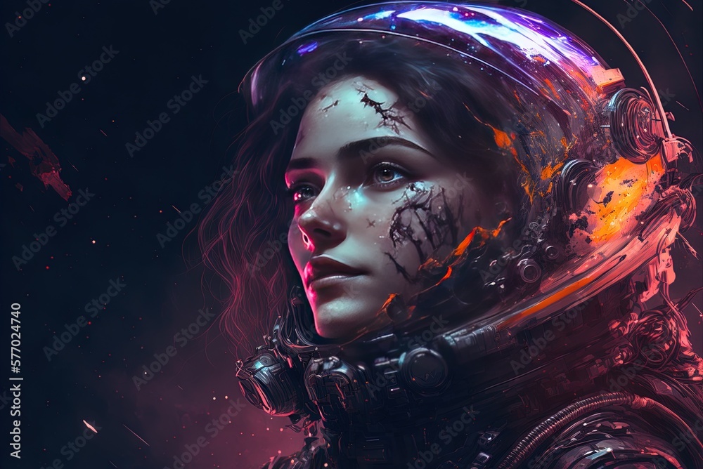 Dramatic lighting, epic portrait of a lady astronaut, and a cinematic ...