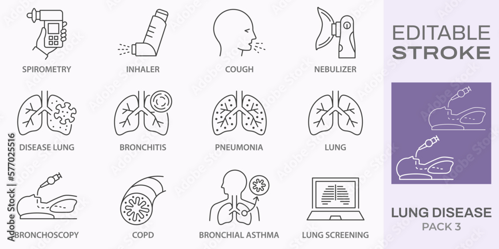 Póster lung disease icons, such as inhaler, nebulizer, bronchoscopy ...