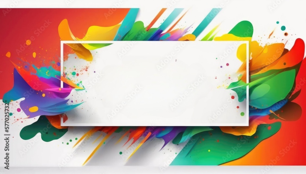 A colorful background with a white square frame and paint splashs on it ...