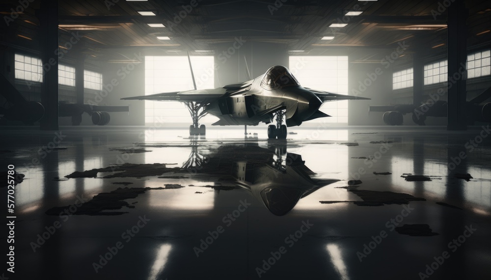 A fighter jet sitting in a hangar with a reflection on the floor of the ...