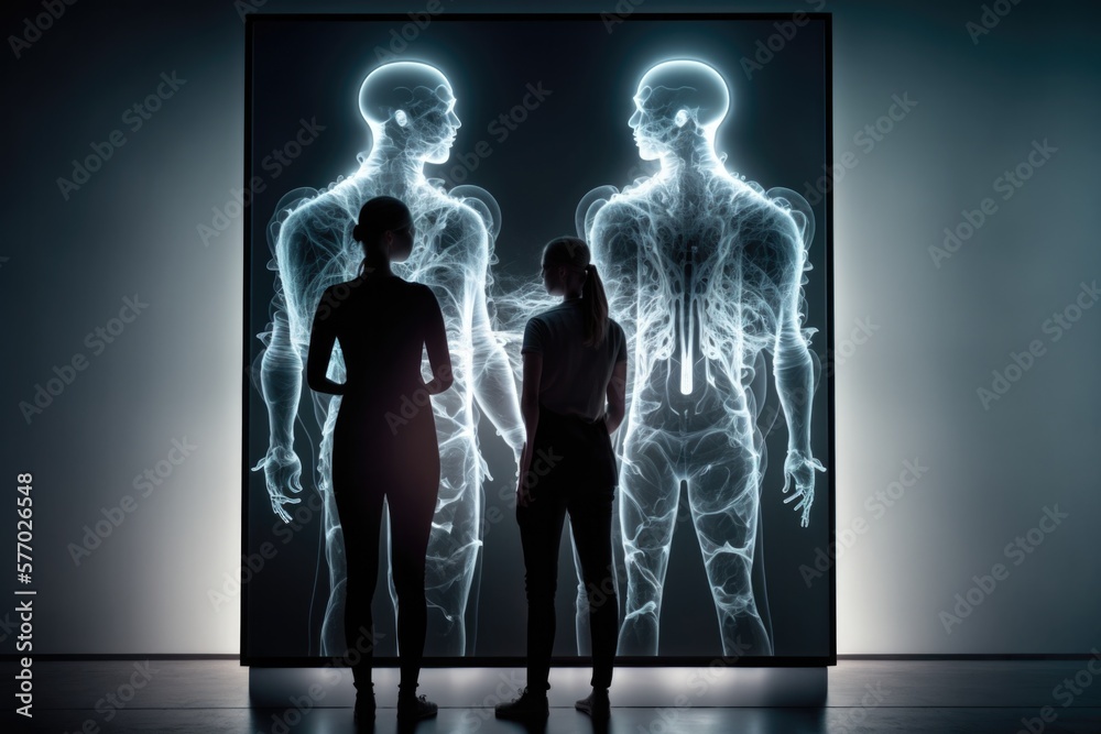 Two people standing in front of a picture of a human body in a museum ...