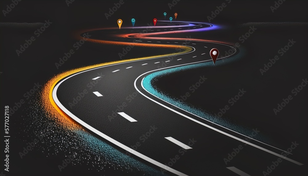 Neon color roadmap, street, dark background with goals created with ...
