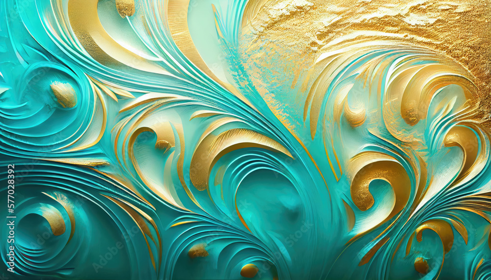 Abstract turquoise golden waves pattern background, luxury modern green ...