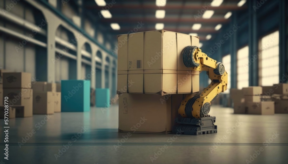 A robot is moving boxes in a warehouse with a lot of boxes on the floor ...