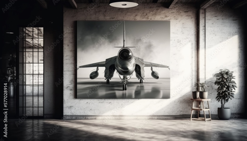 A large picture of a fighter jet in a room with a chair and potted ...