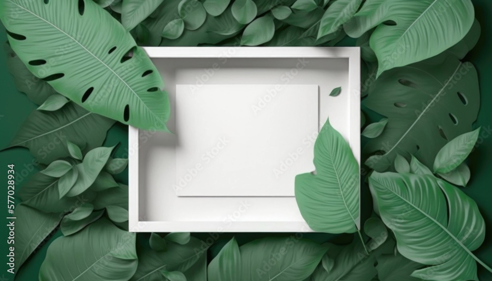 A white box with a green leaf background on it and a white square in ...