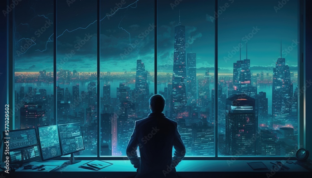 A man standing in front of a window looking out at a city at night with ...