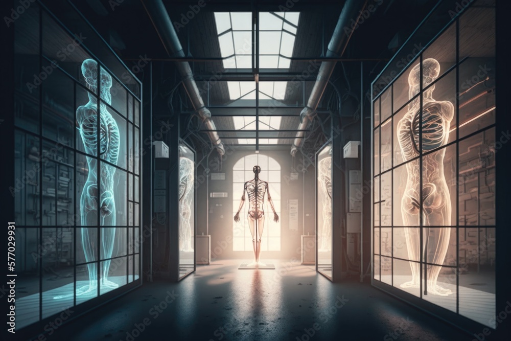 A hallway with a skeleton in the window and a skeleton in the doorway ...
