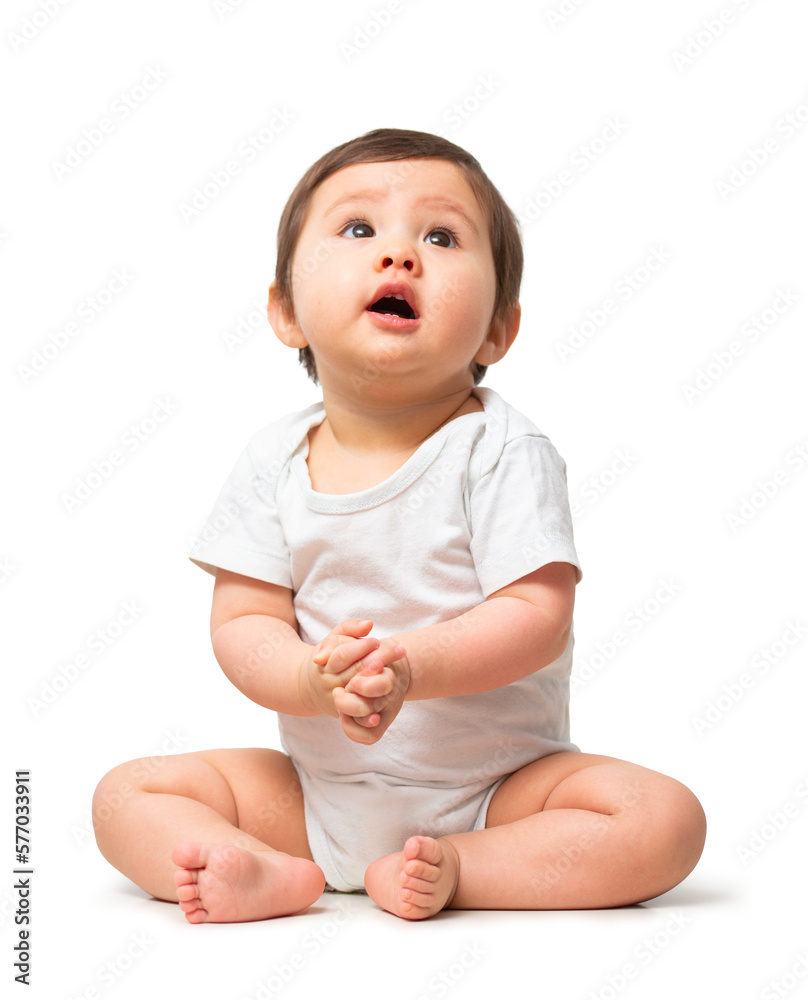 Cute baby in white onesie on transparent background Stock Photo | Adobe ...