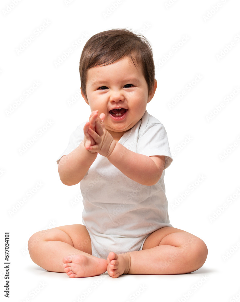 Cute baby in white onesie on transparent background Stock Photo | Adobe ...